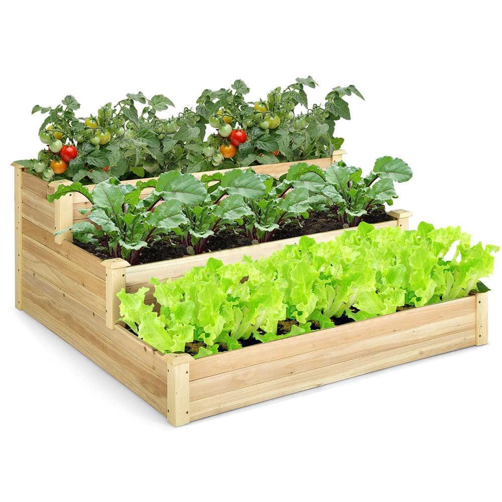 48 in. x 48 in. x 22 in. 3-Tier Natural Raised Garden Bed Wood Planter ...