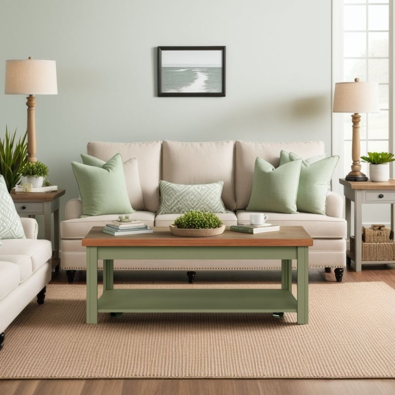 48 inch Coffee Table, No Assembly Required, Sage Green and Fruitwood ...