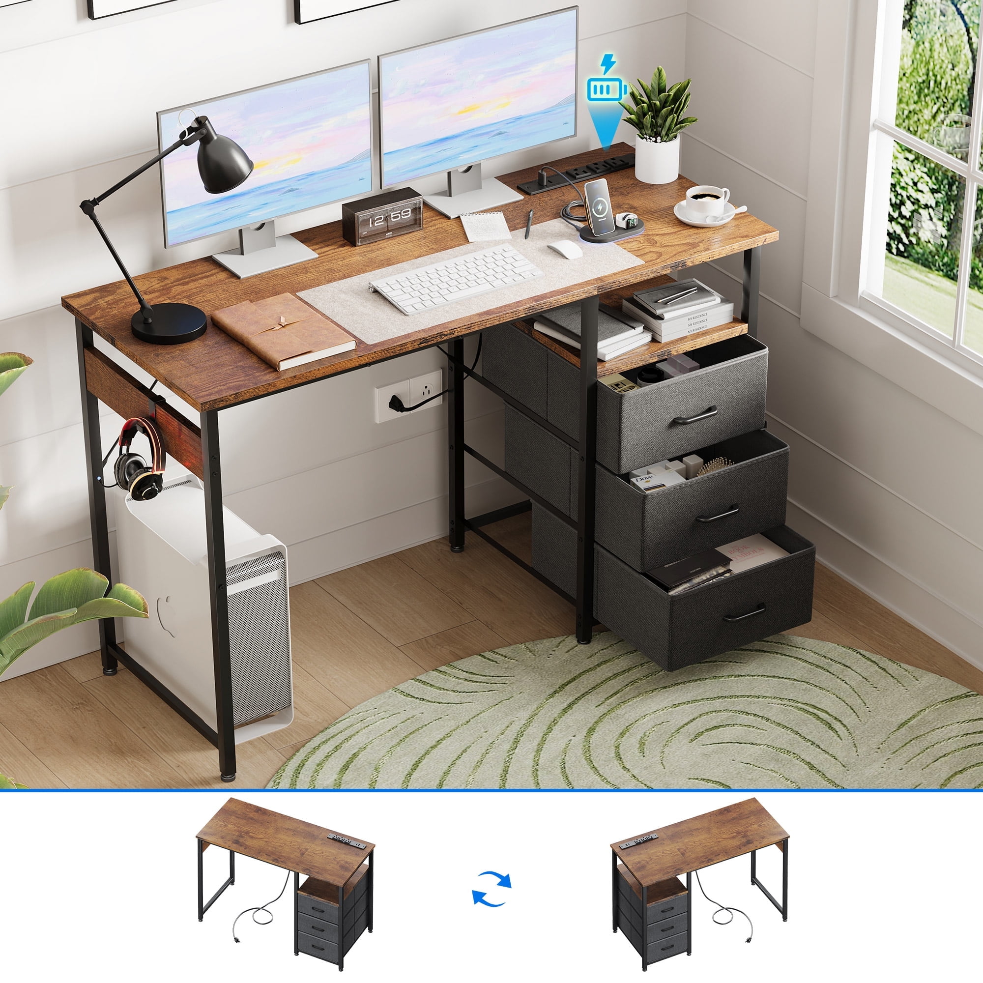 Sofanext 48 Inch Computer Desk with Power Outlets, 3 Drawers, Removable ...