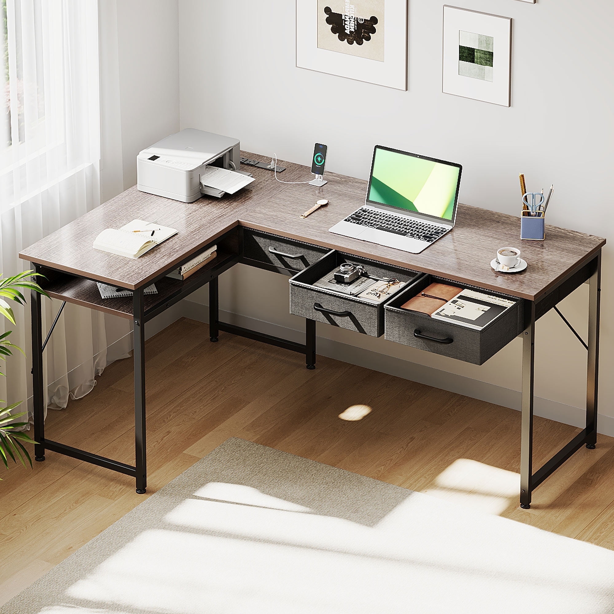 48 inch L Shaped Computer Desk with Drawers, Corner Desk with Power ...