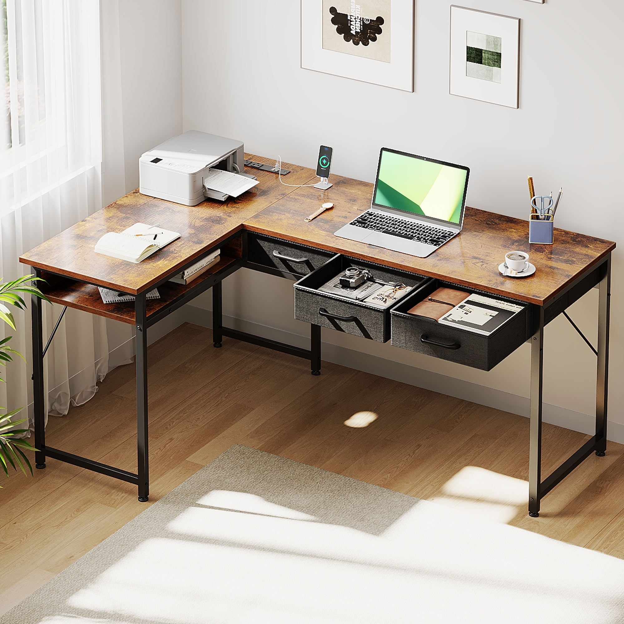 48 inch L Shaped Computer Desk with Drawers, Corner Desk with Power ...