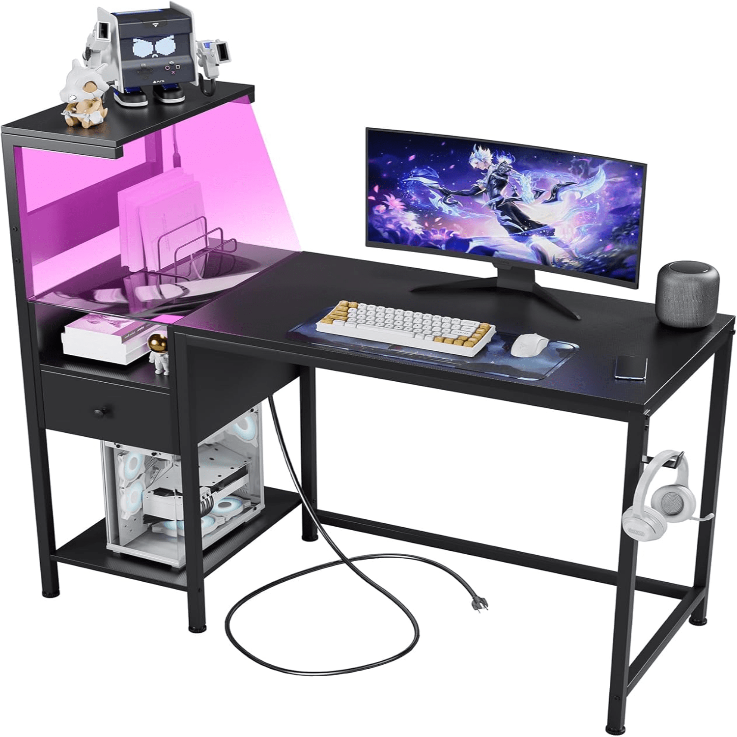 48 inch Reversible Gaming Desk with LED Lights & Power Outlets Computer ...