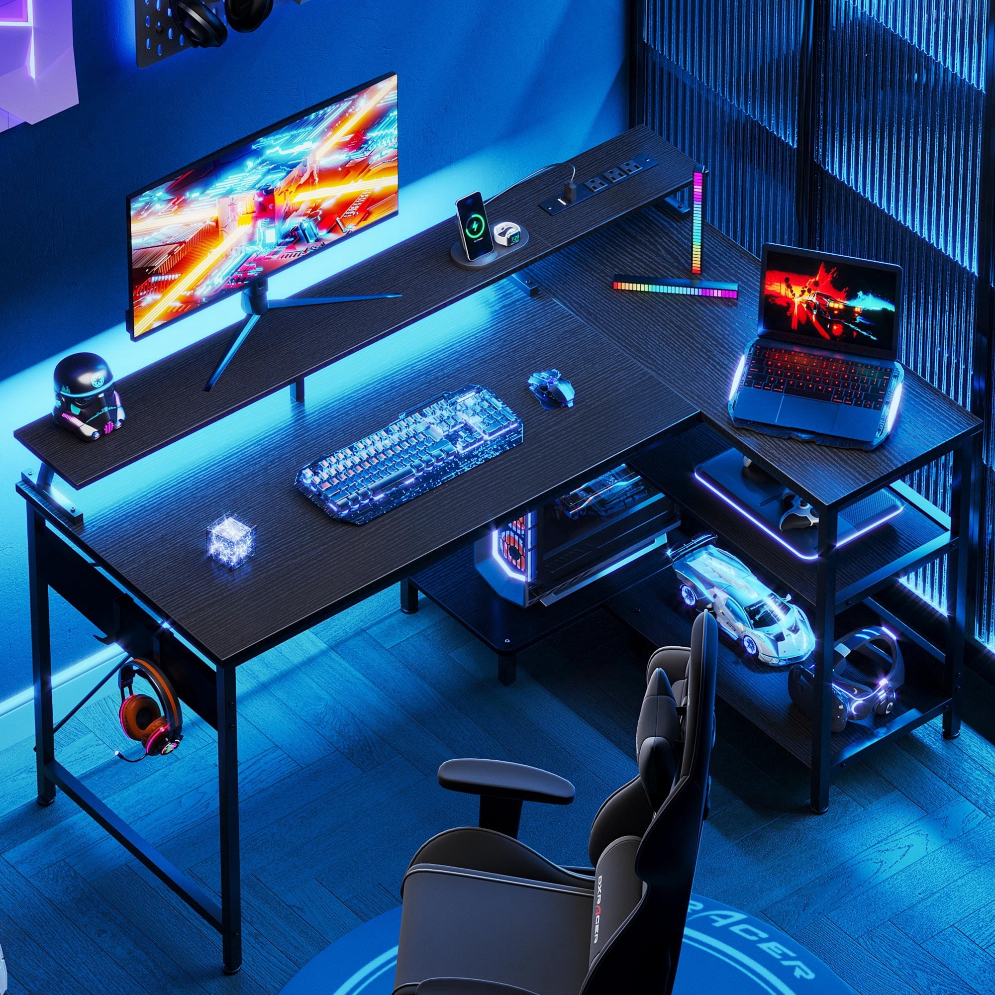 48 inch Reversible L Shaped Gaming Desk with LED Lights & Power Outlet ...