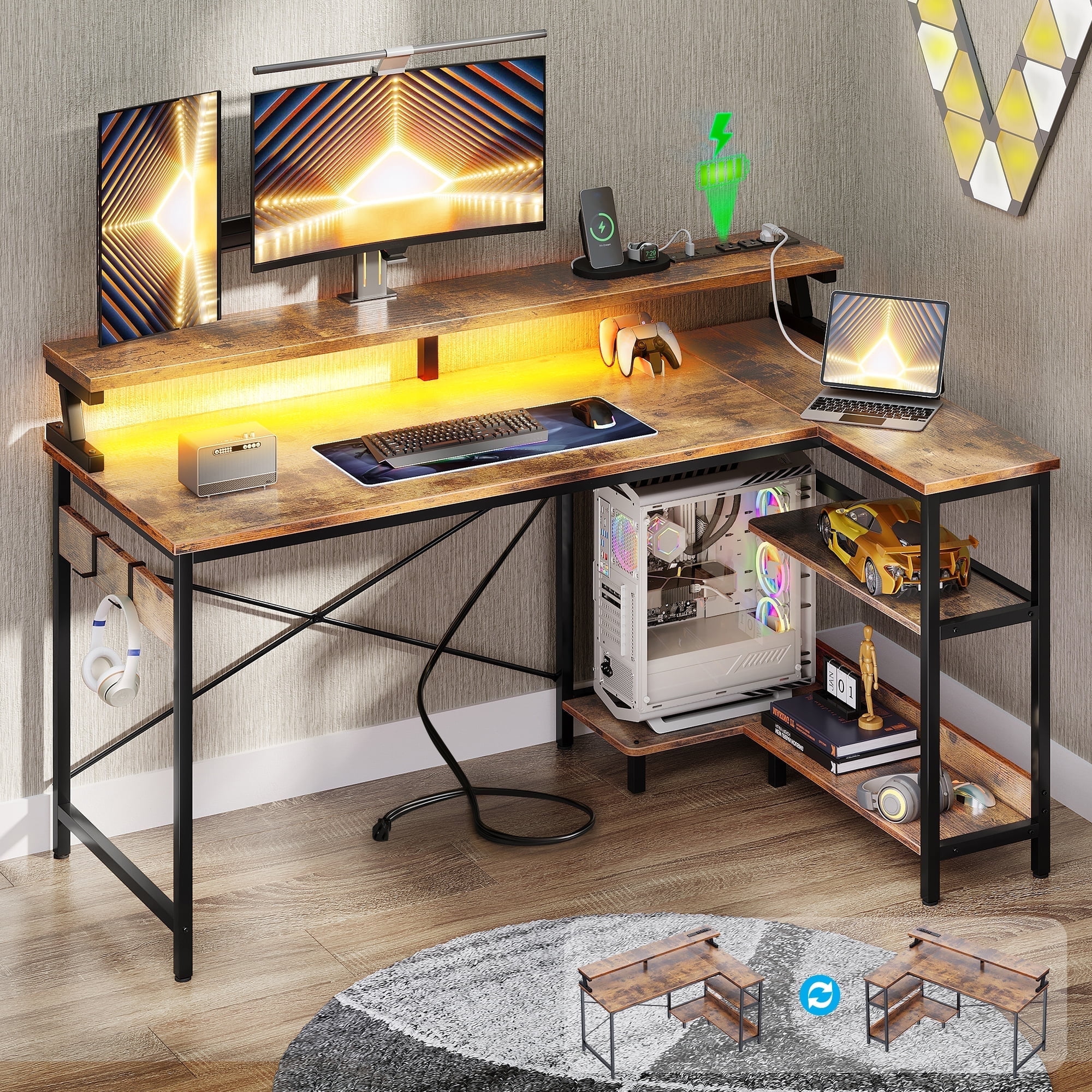48 inch Reversible L Shaped Gaming Desk with LED Lights & Power Outlet ...