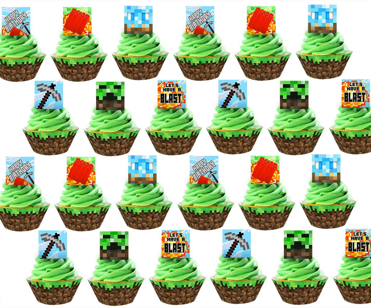 48 pcs Pixel Cupcake Toppers and Wrappers - 24 Cupcake Toppers and 24 ...