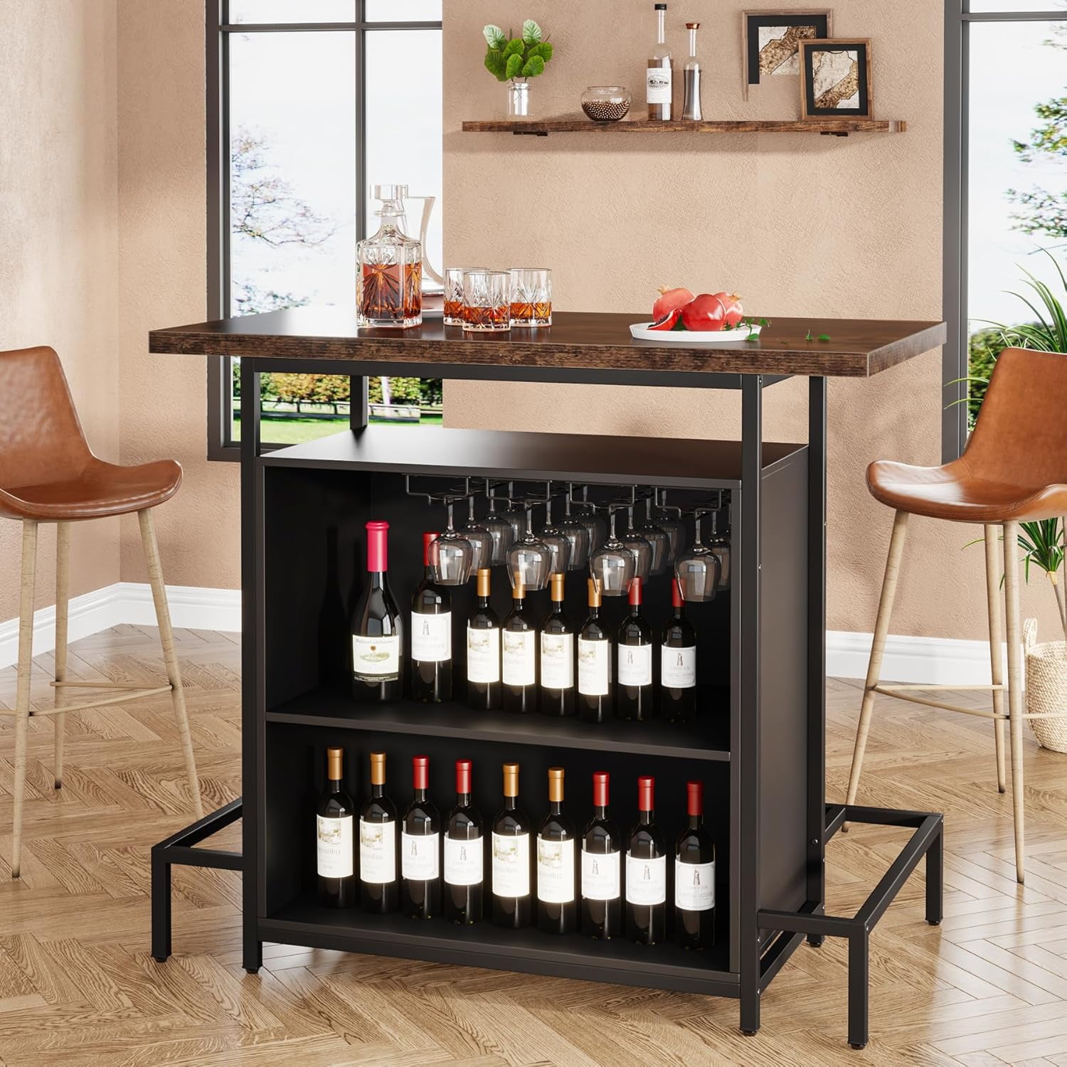 48” x 20” Industrial Home Bar Unit with 3-Tier Storage & 4 Wine Glass ...