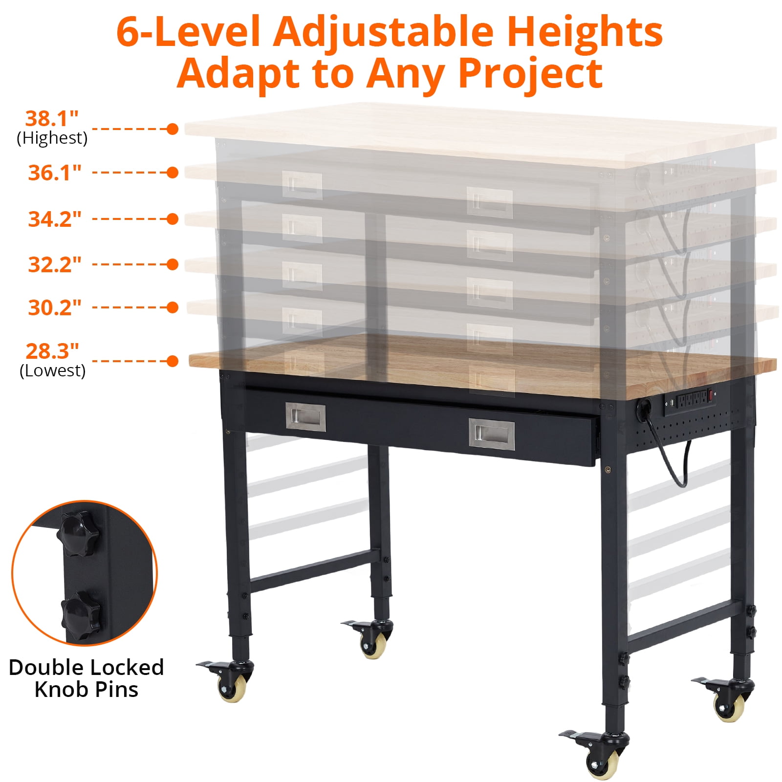 48" x 24" Adjustable Workbench 2000 Lbs Capacity, Rubber Wood Shop ...
