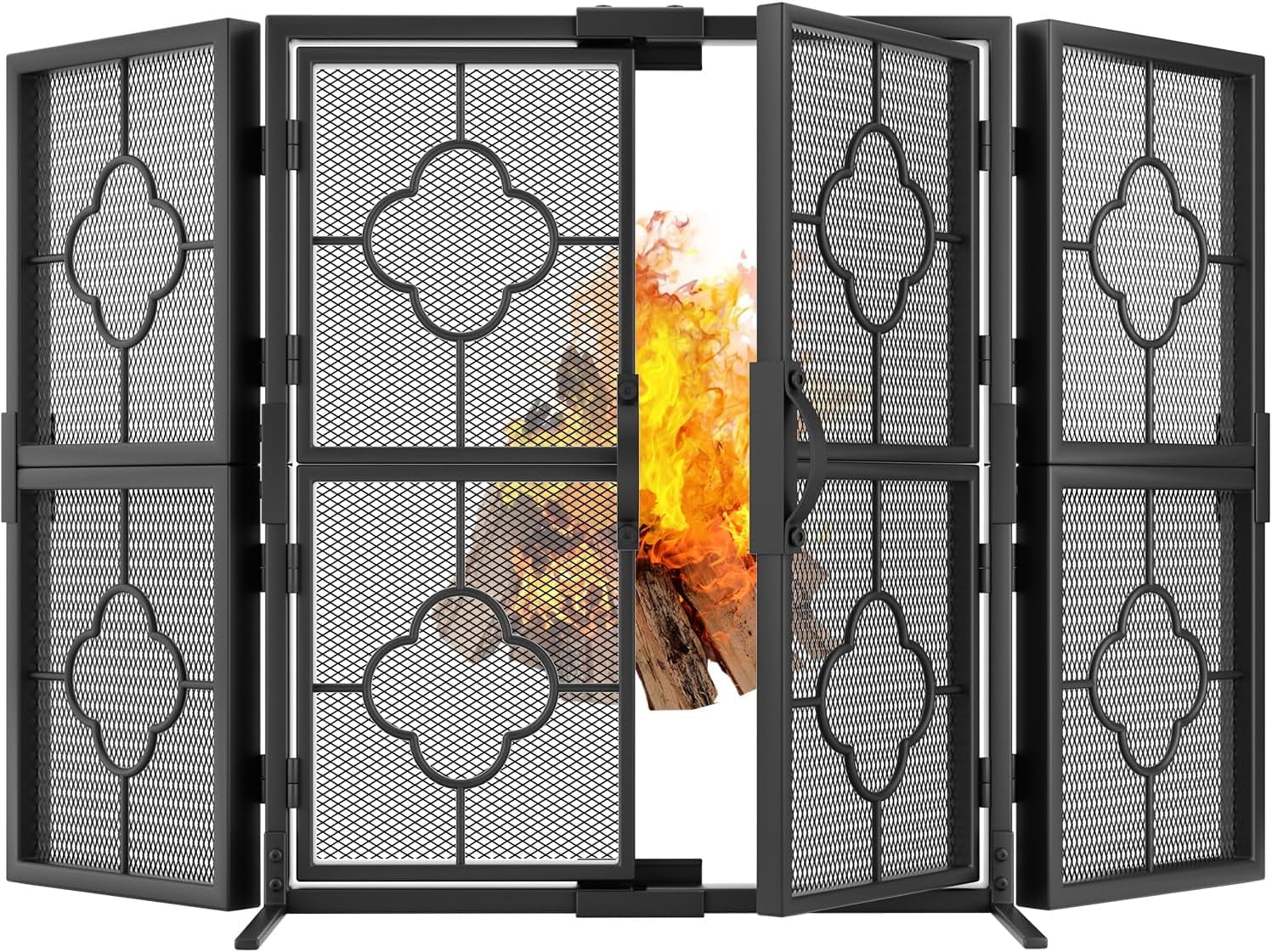 48 x 28 Inch Fireplace Screen with Doors 3 Panel Foldable Wrought Iron ...
