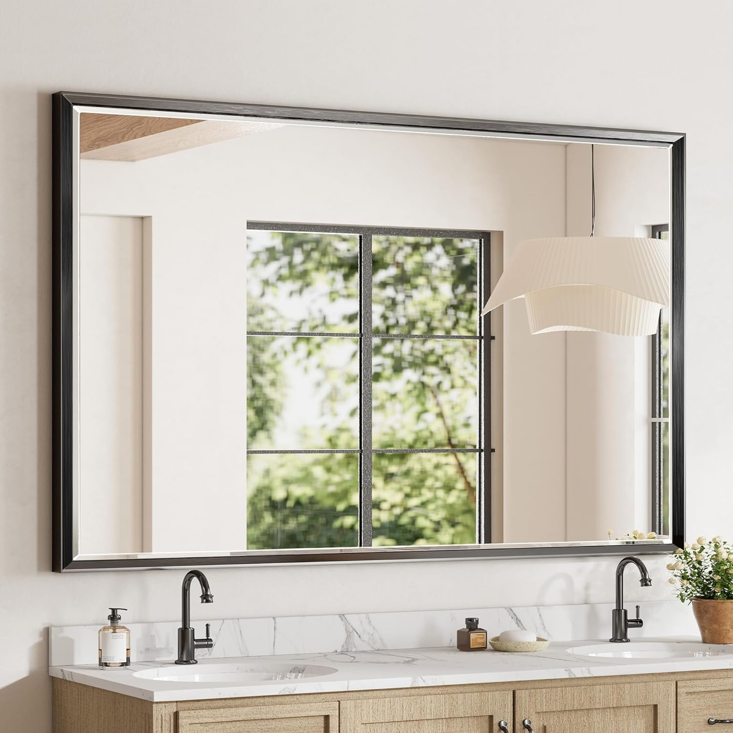 48'' x 30'' Black Framed Mirror for Bathroom, Beveled Black Bathroom ...