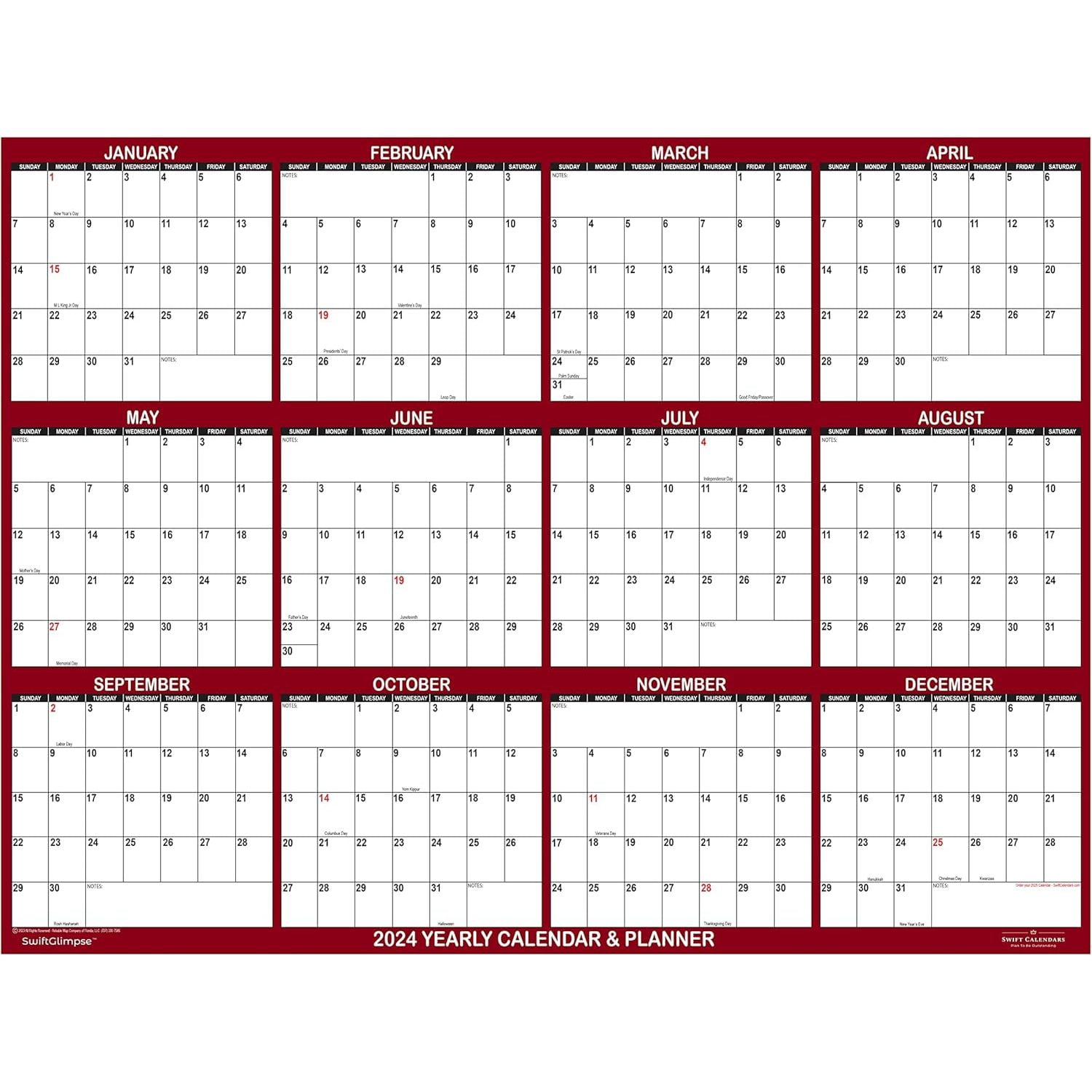 48" x 72" SwiftGlimpse 2024 Wall Calendar Erasable HUGE XXL Wet & Dry ...
