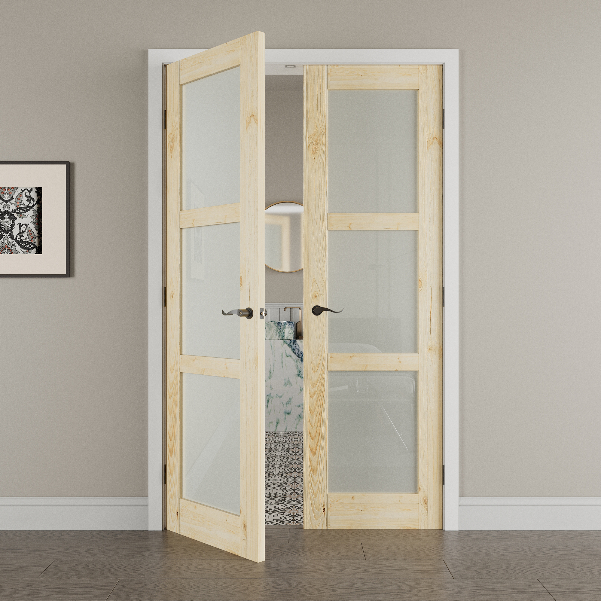 48" x 80" 3 Panel Frosted Glass Pine Wood Double Doors with French Door ...