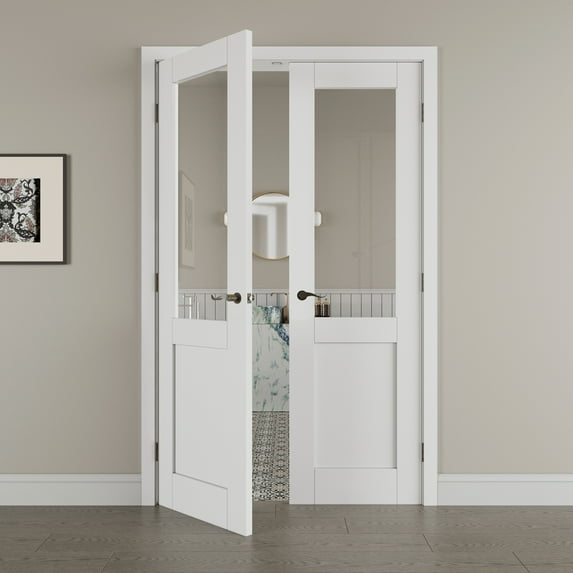 48" x 80" Half Panel Clear Glass Double Doors with French Door Ready-to ...