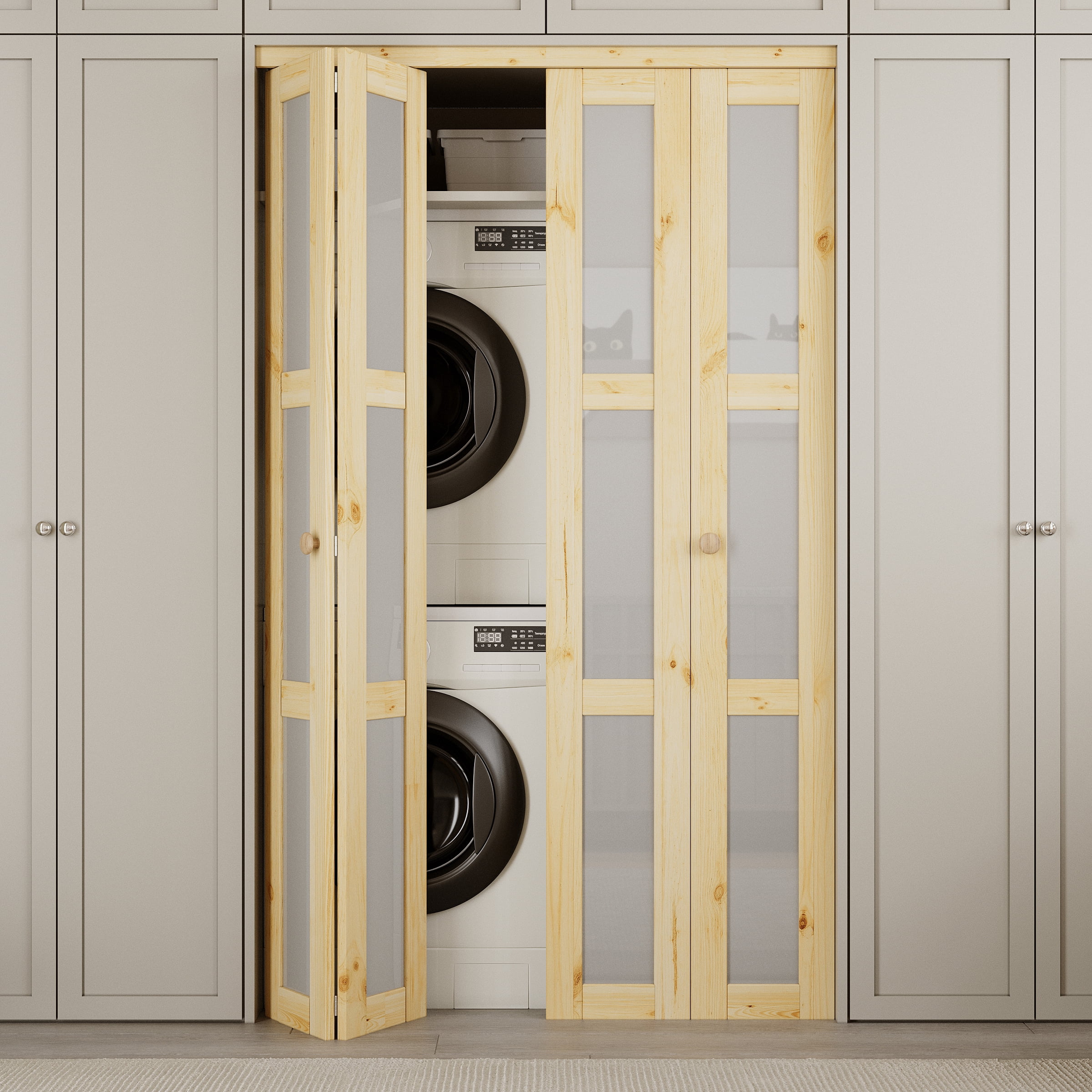 48" x 80" High Definition Mirror & Pine Wood Bifold Doors with Hardware ...