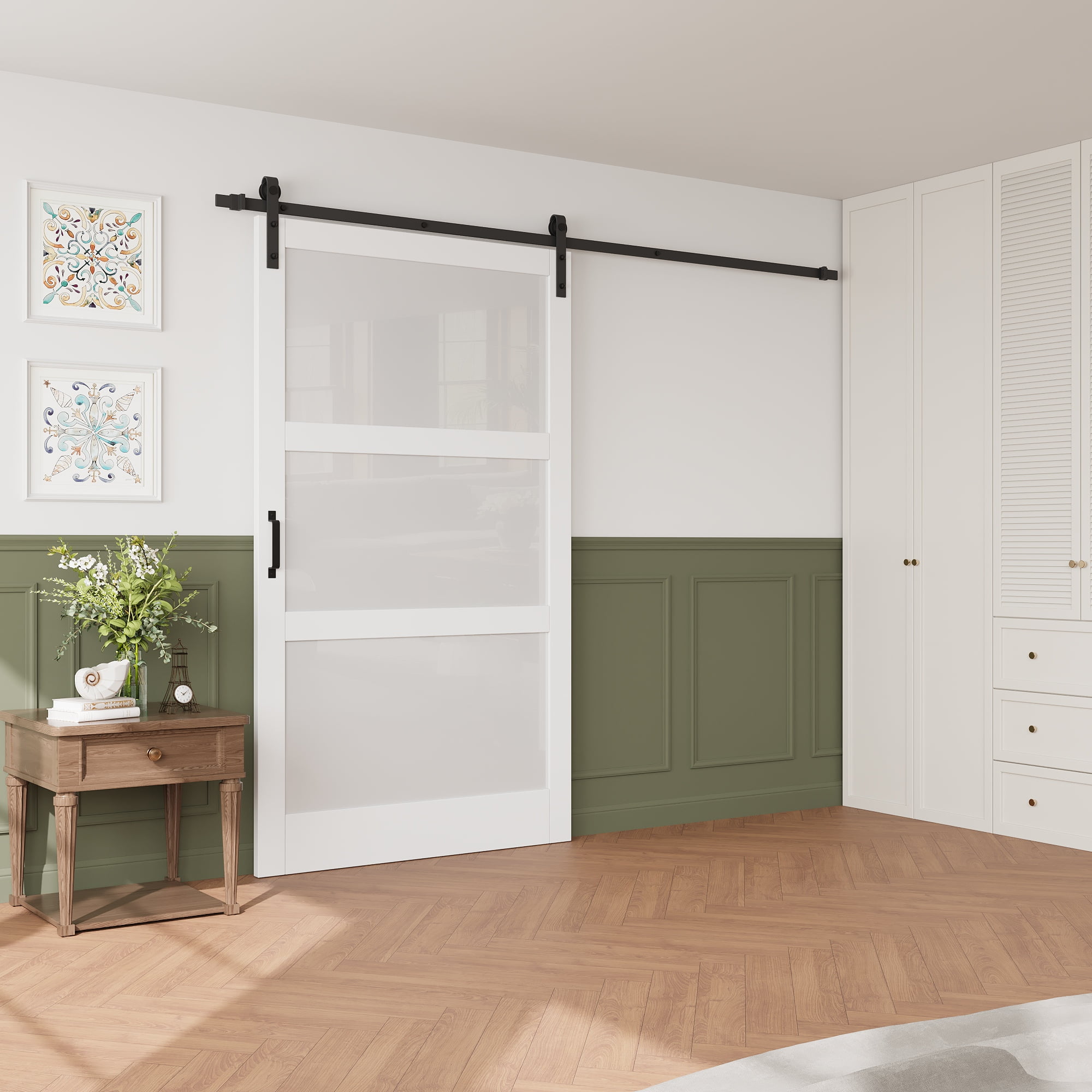 48'' x 84'' 3-Piece Frosted Glass Sliding Barn Door – MDF & Solid Wood ...