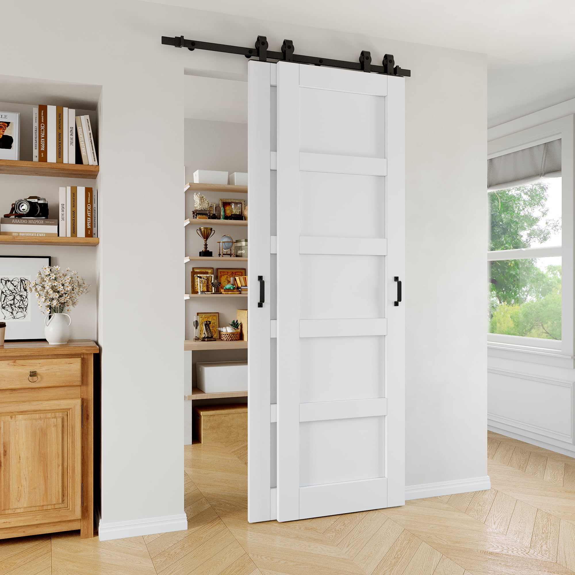 48" x 96" 5-Panel White Primed Solid Core Sliding Bypass Barn Door ...