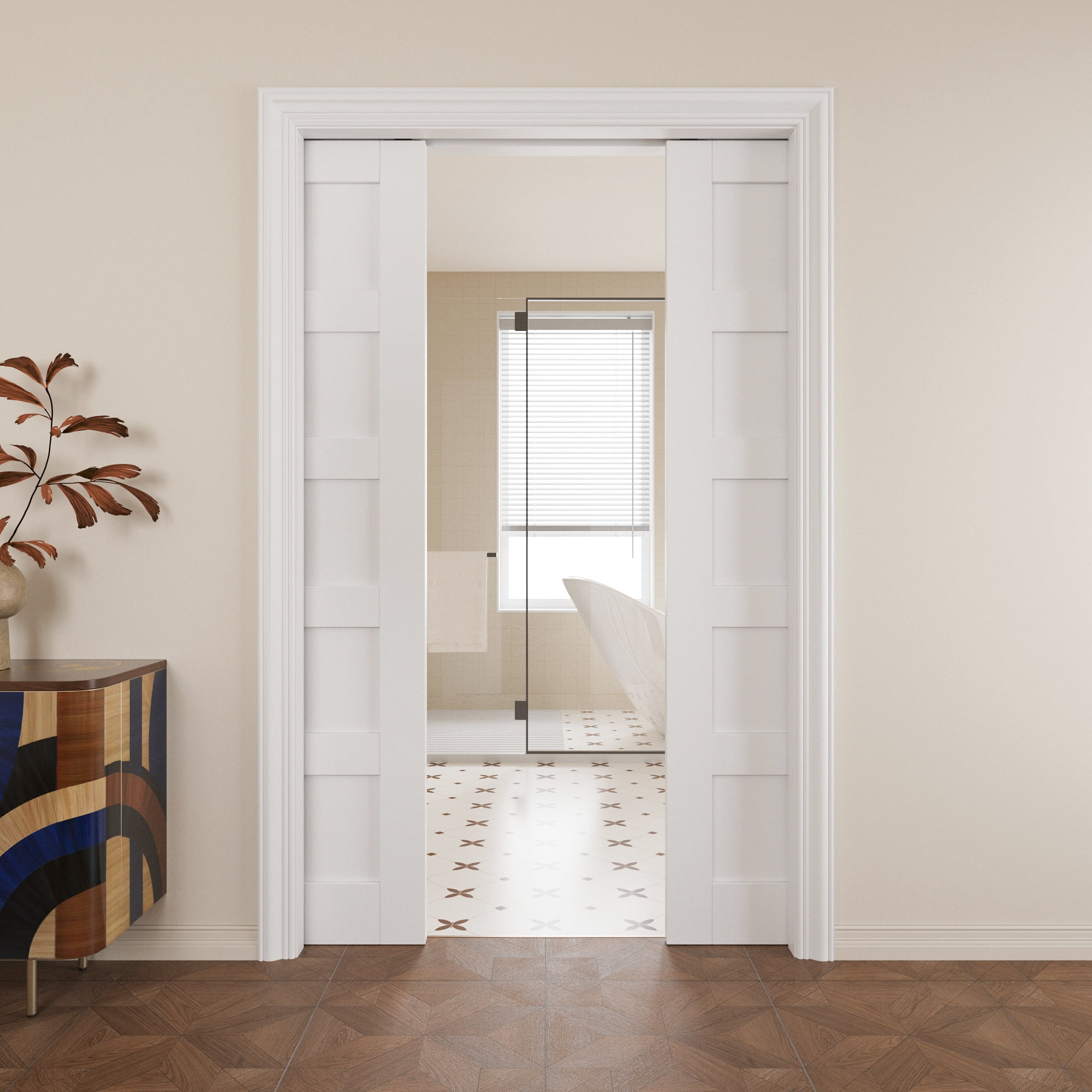 48" x 96" (Double 24") 5 Panel Pocket Doors with Soft Close, Solid Core ...