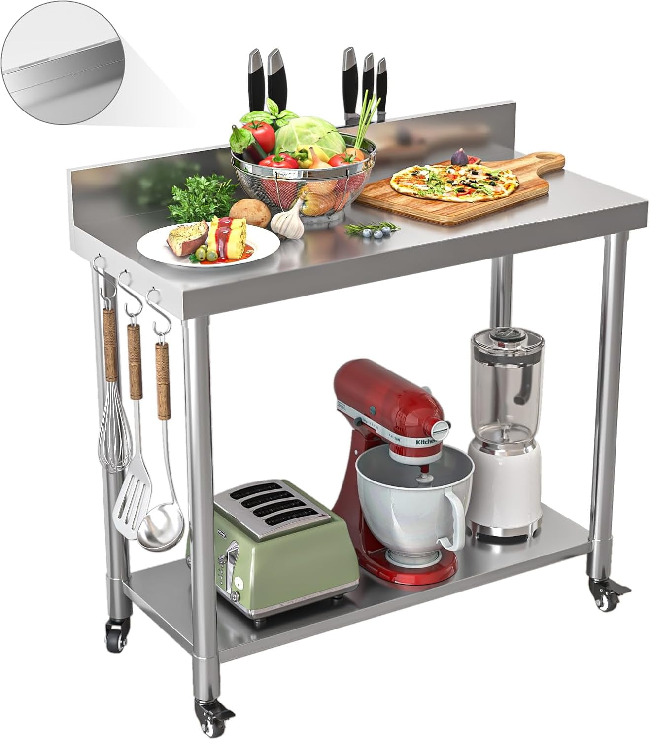 48"x18" Stainless Steel Table with Wheels, Backsplash and Knife Blocks ...