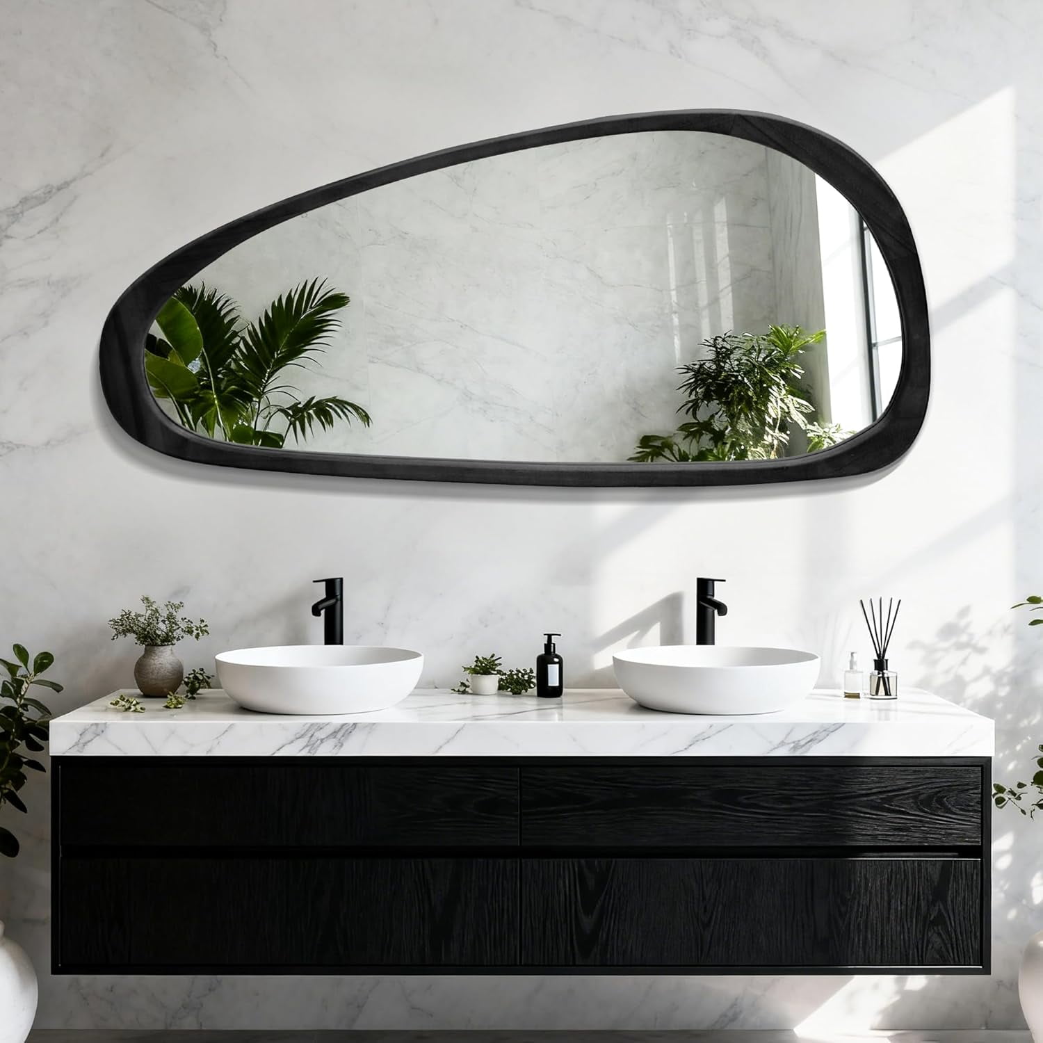 48''x22'' Asymmetrical Mirror with Wood Frame Black, Small Irregular ...