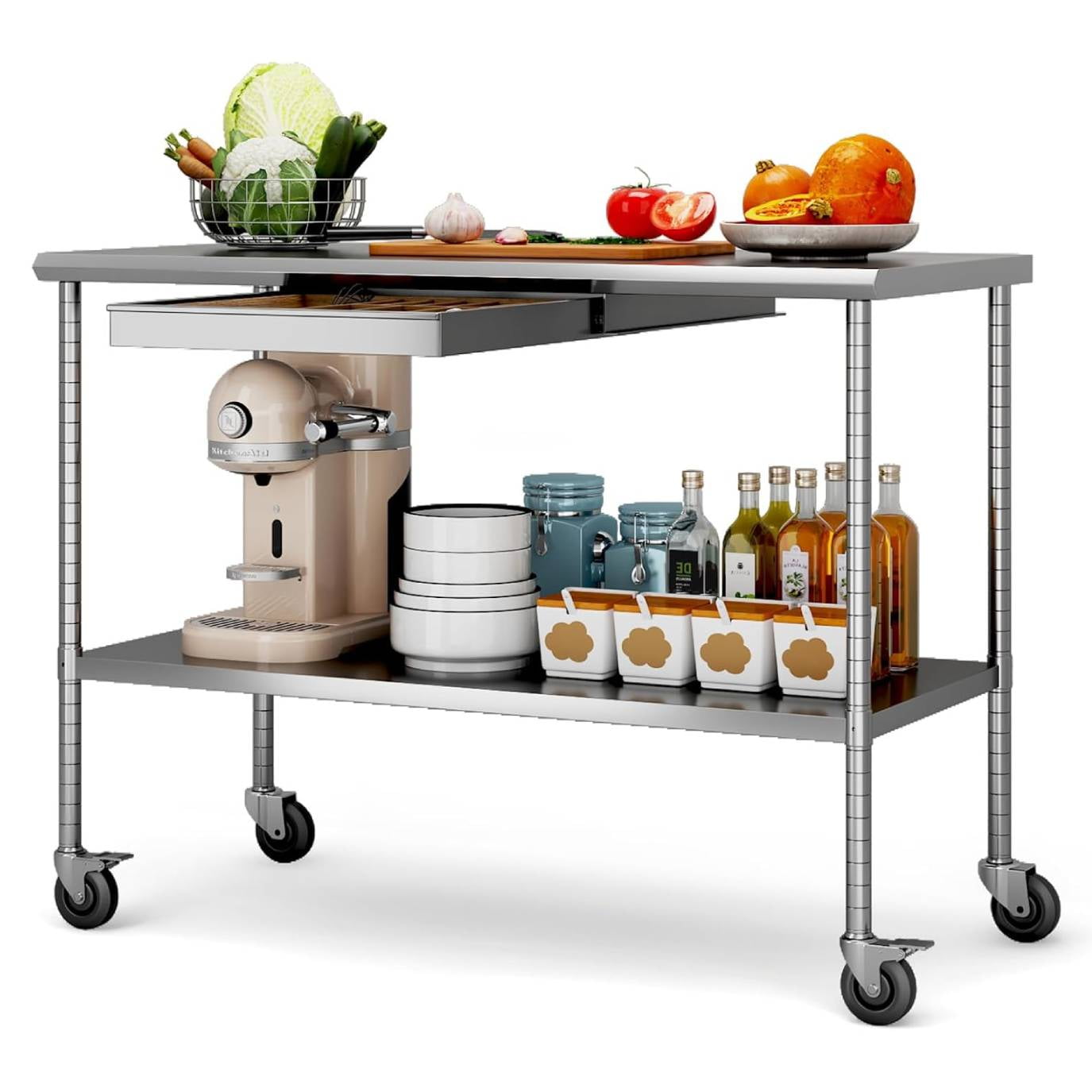 48"x24" Stainless Steel Work Table w/Wheels & Drawer, Commercial ...