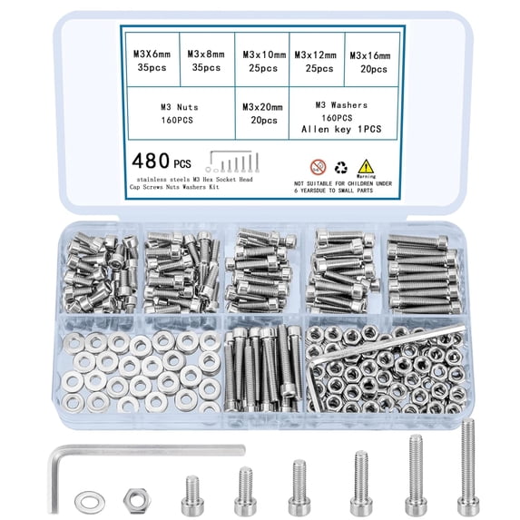480 Pcs M3 Screws and Nuts and Washers Set, Hex Socket Head Cap Screws ...