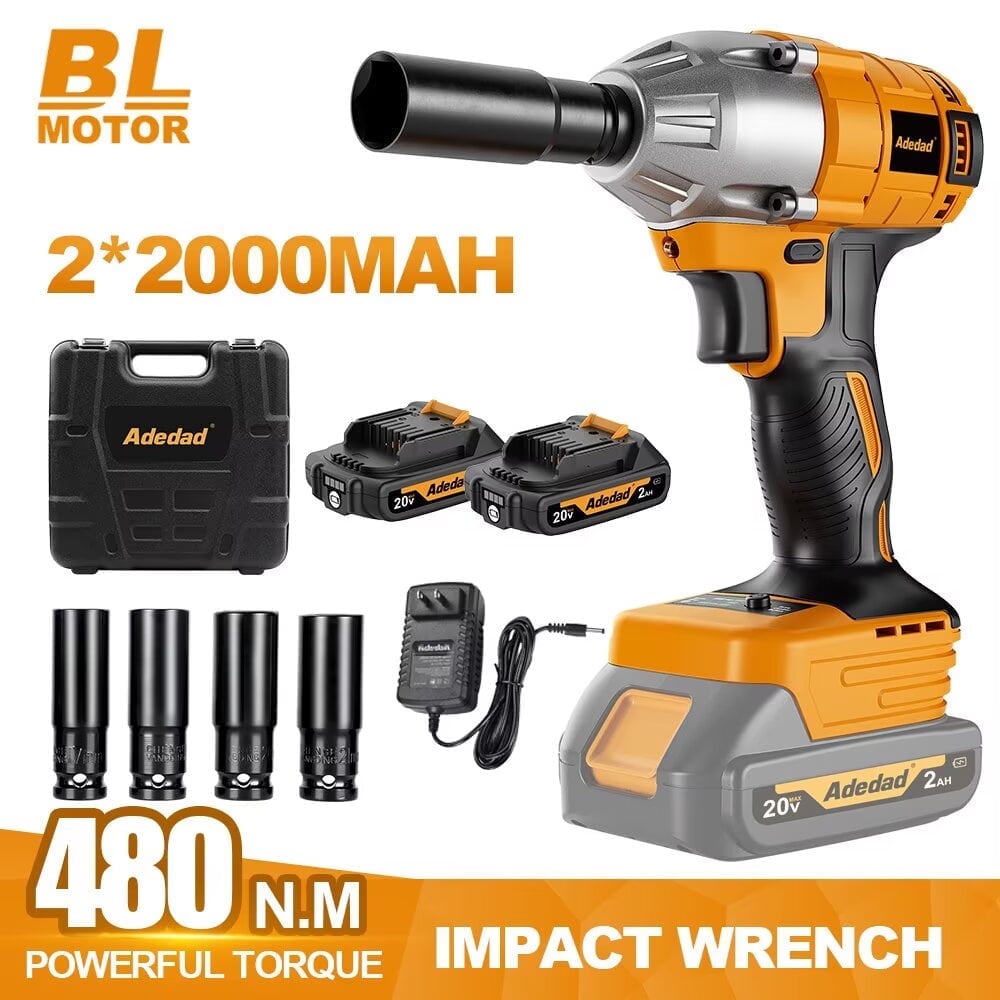 480N.m Cordless Impact Wrench, 20V 1/2" High Torque Impact Gun with 2 ...
