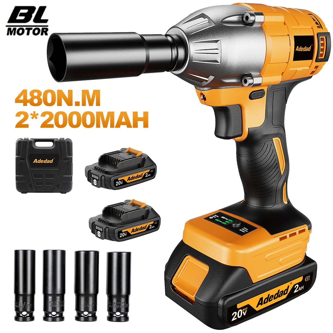 480N.m Cordless Impact Wrench, 20V 1/2" High Torque Impact Gun with 2 ...