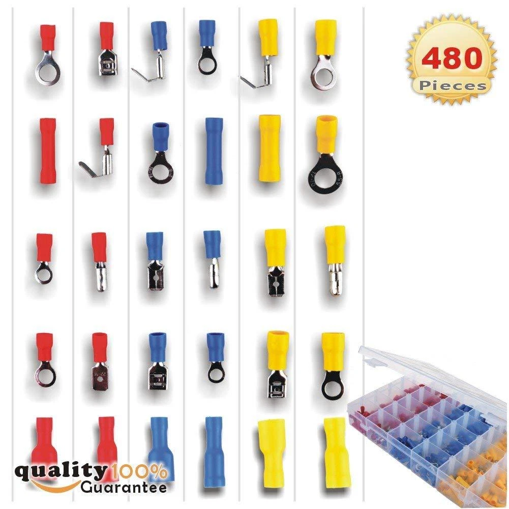 480Pcs 12 Size Assorted Insulated Electrical Wiring Wire Terminal Crimp ...