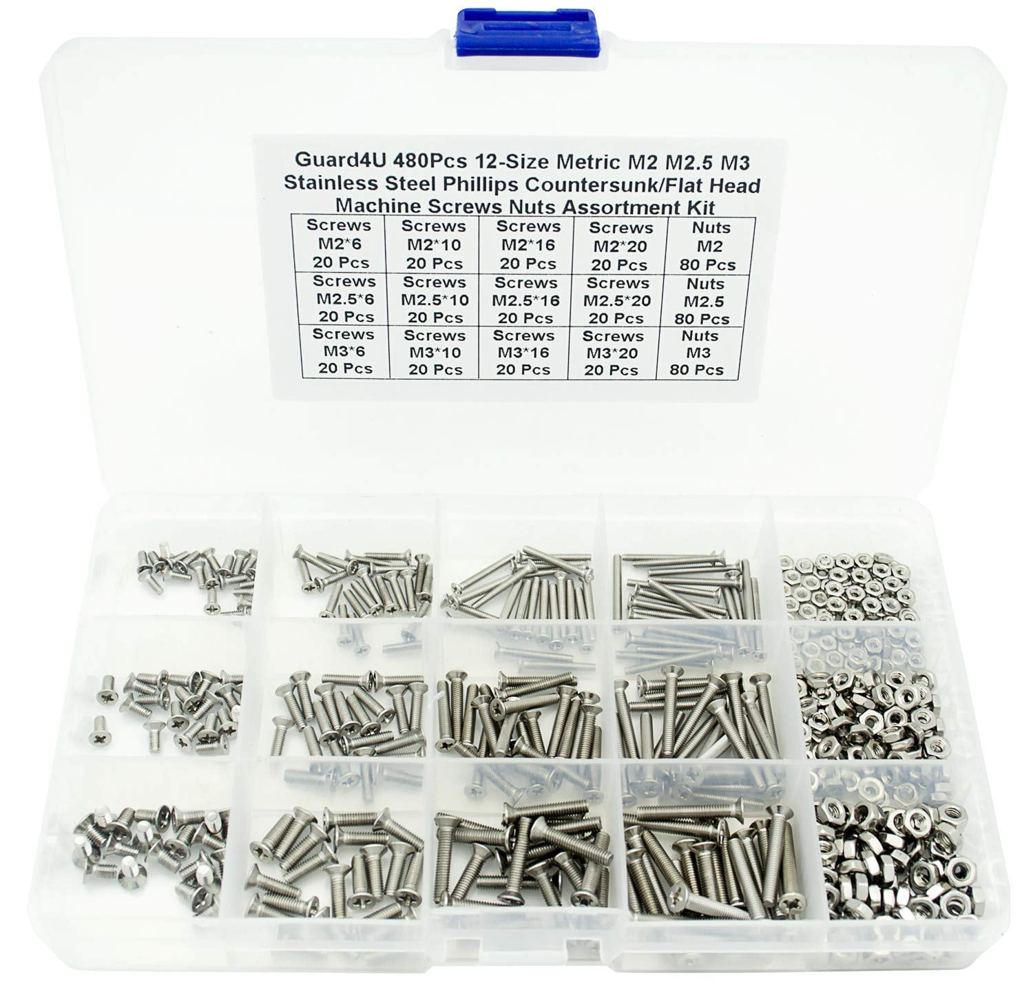 480Pcs 12-Size Metric M2 M2.5 M3 Stainless Steel Phillips Countersunk ...