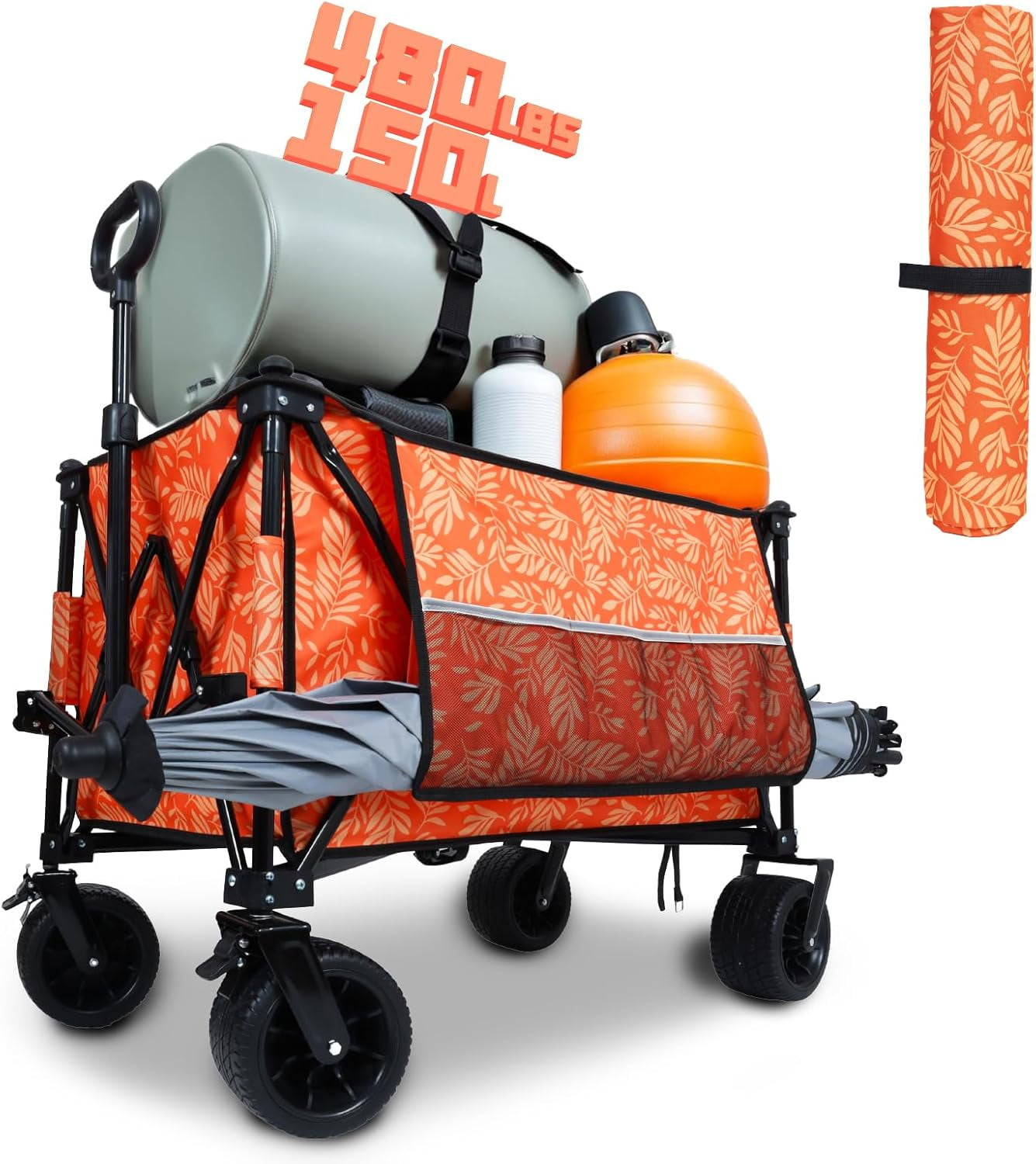 480lbs Collapsible Wagon, Heavy Duty Folding Wagon Cart with Picnic Mat ...