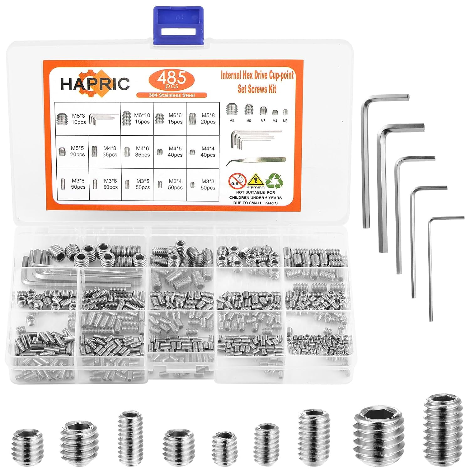 485 Pcs 14 Size Set Screw Assortment Kit M3/M4/M5/M6/M8 Head Socket Hex ...
