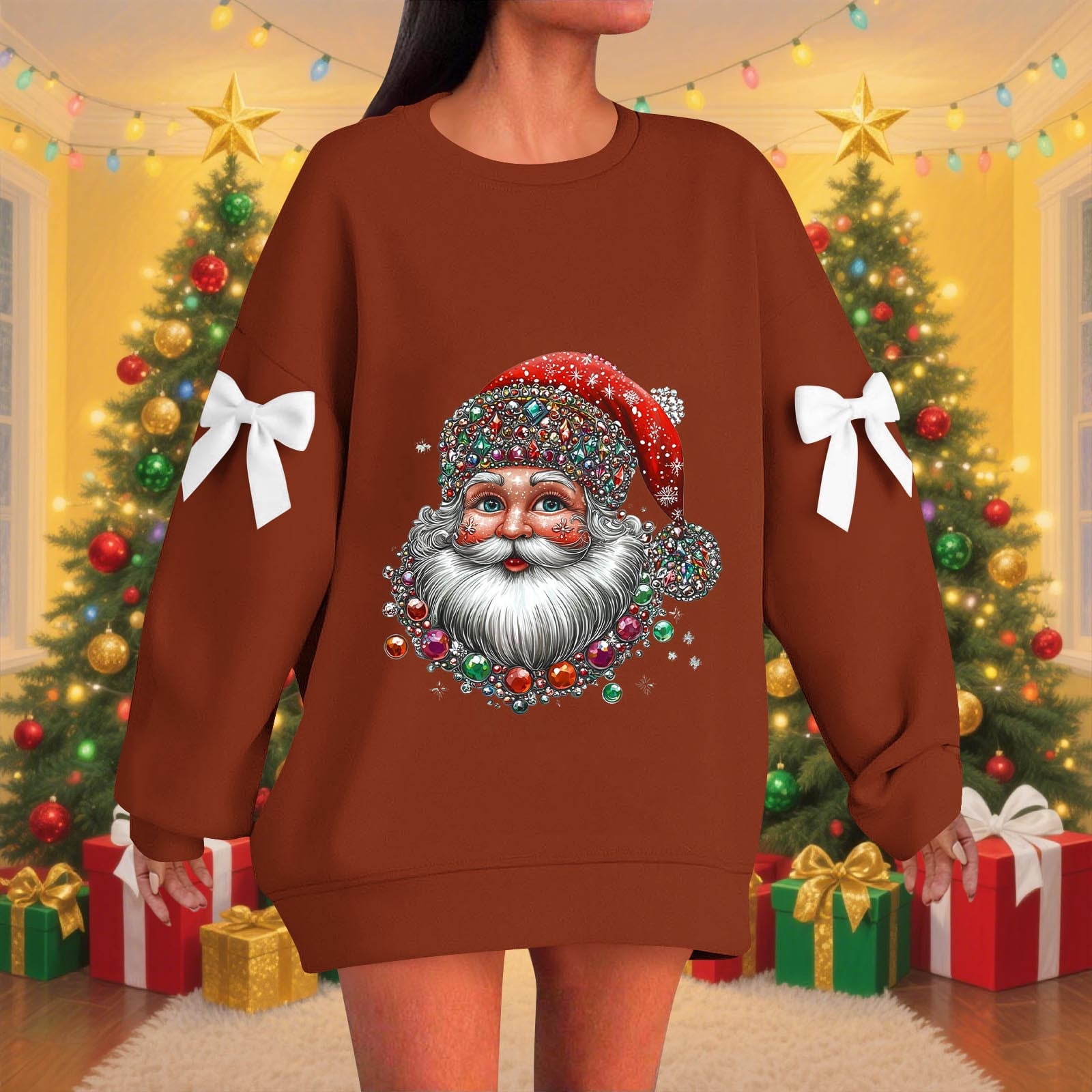 Generic Womens Christmas Print Sweatshirts Glitter Xmas Tree Graphic Long Sleeve Crewneck Shirt ...