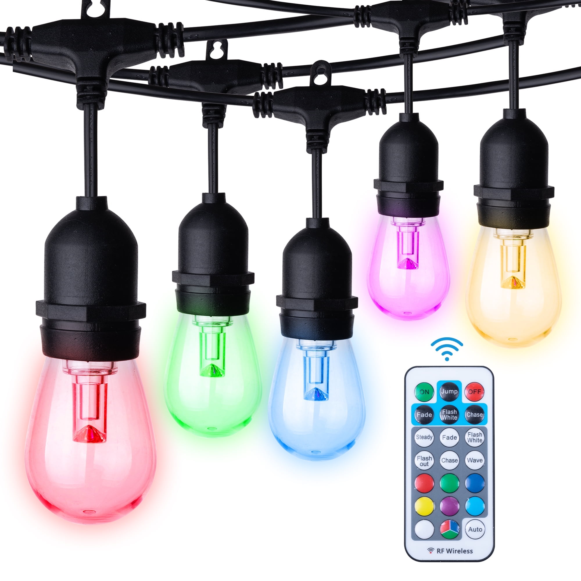 WESOME LIGHTING 48FT RGB Outdoor String Lights with 15 Waterproof LED ...