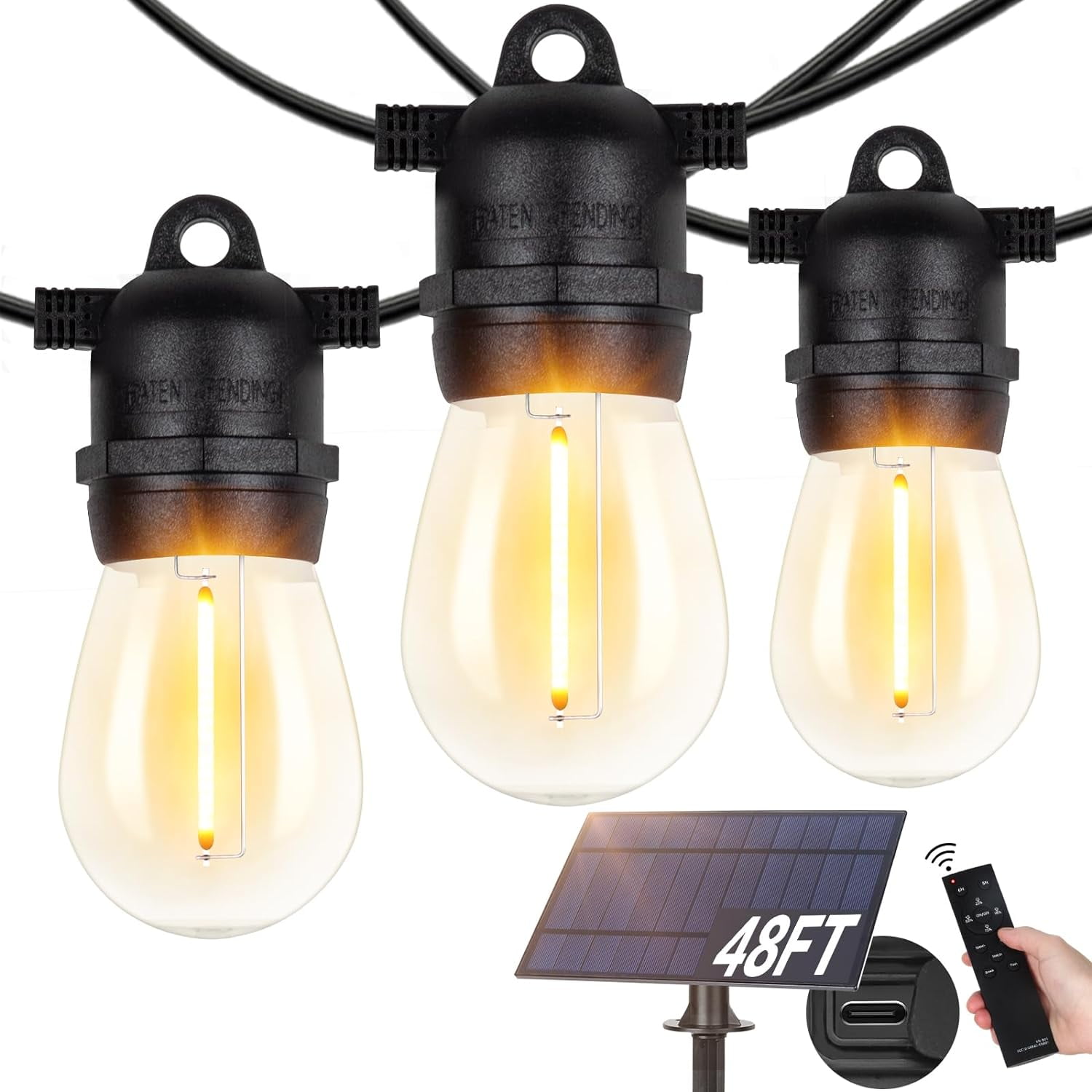 48FT S14 Solar String Lights Outdoor with Remote Controller, Solar ...