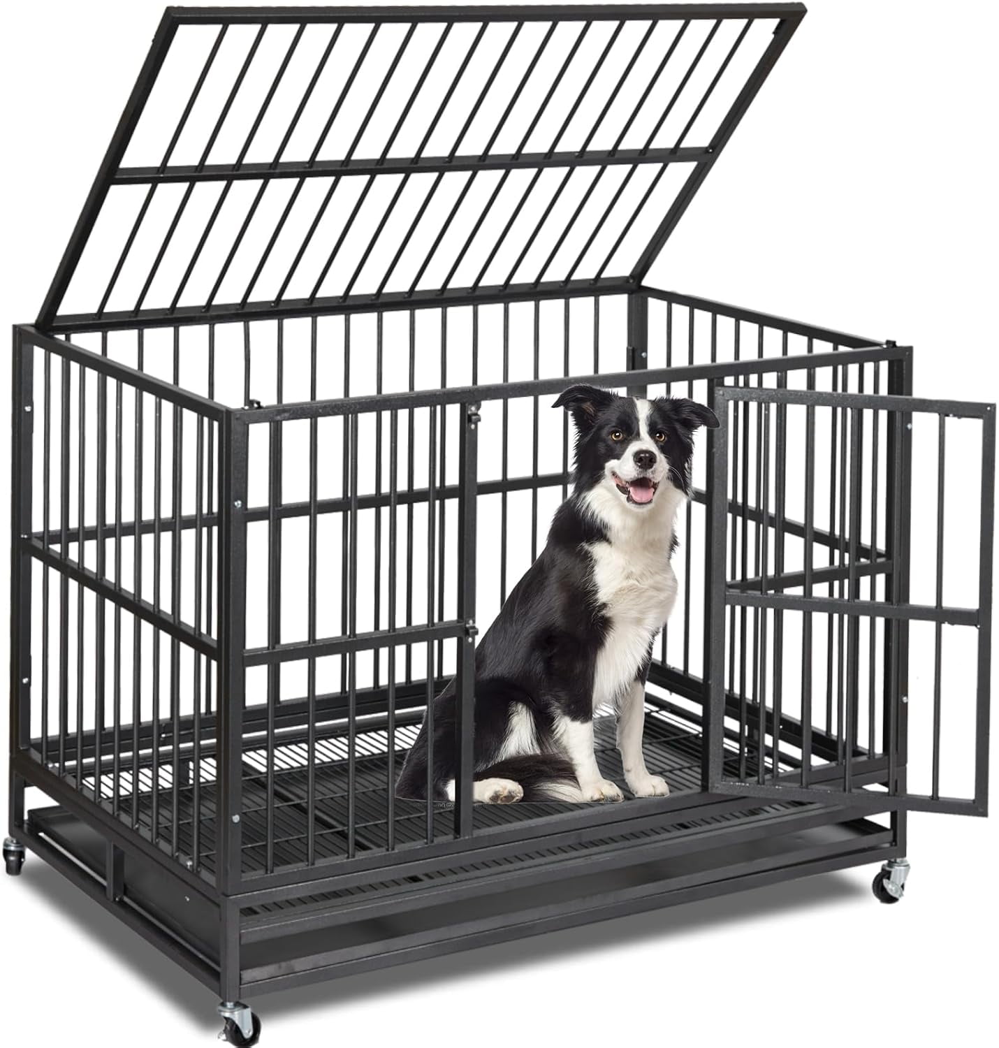 48IN Heavy Duty Dog Crate, Large Dog Crate with Wheels Sturdy Locks ...