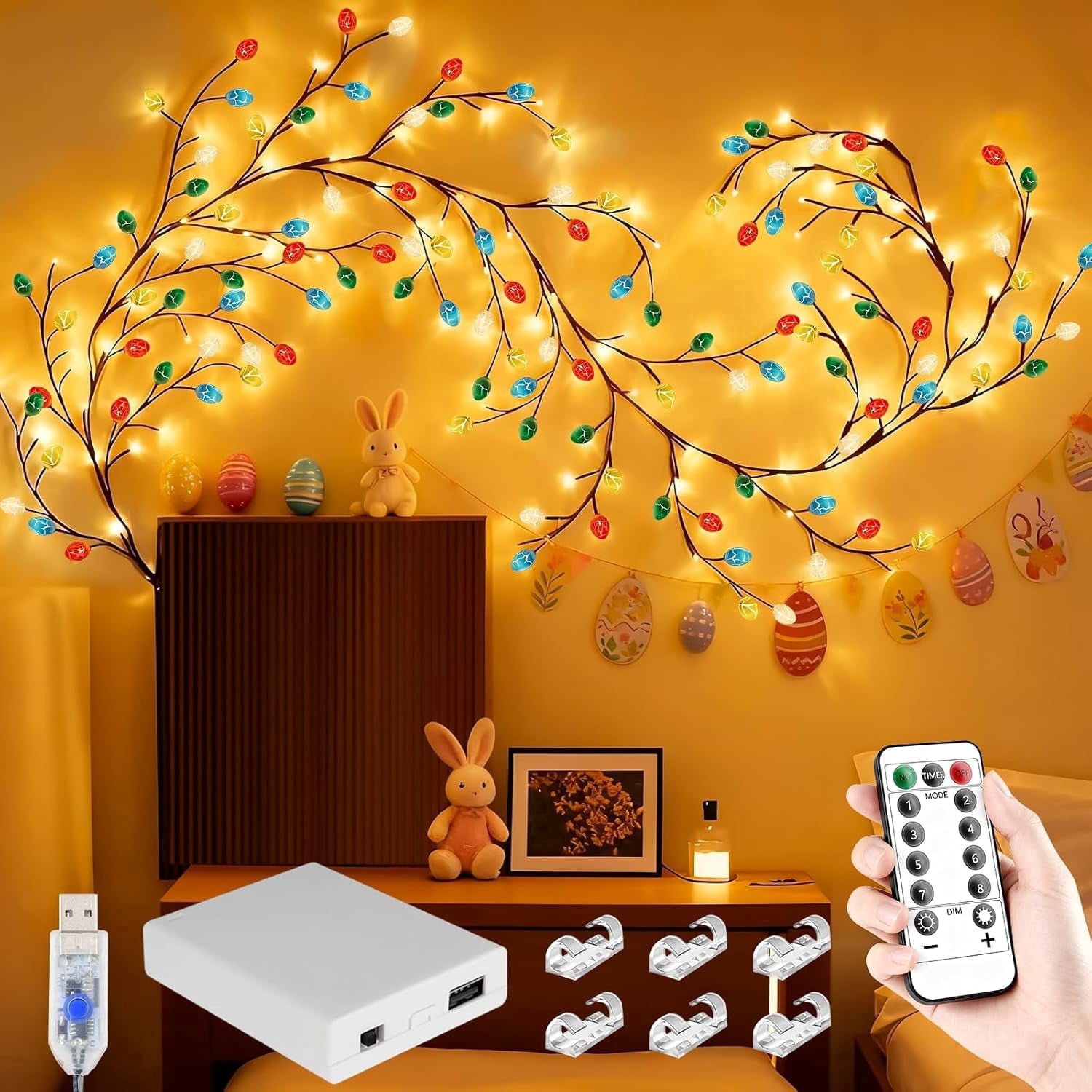 4FT Easter Egg Willow Vine Lights with 48 LEDs, Remote Timer & 8 ...