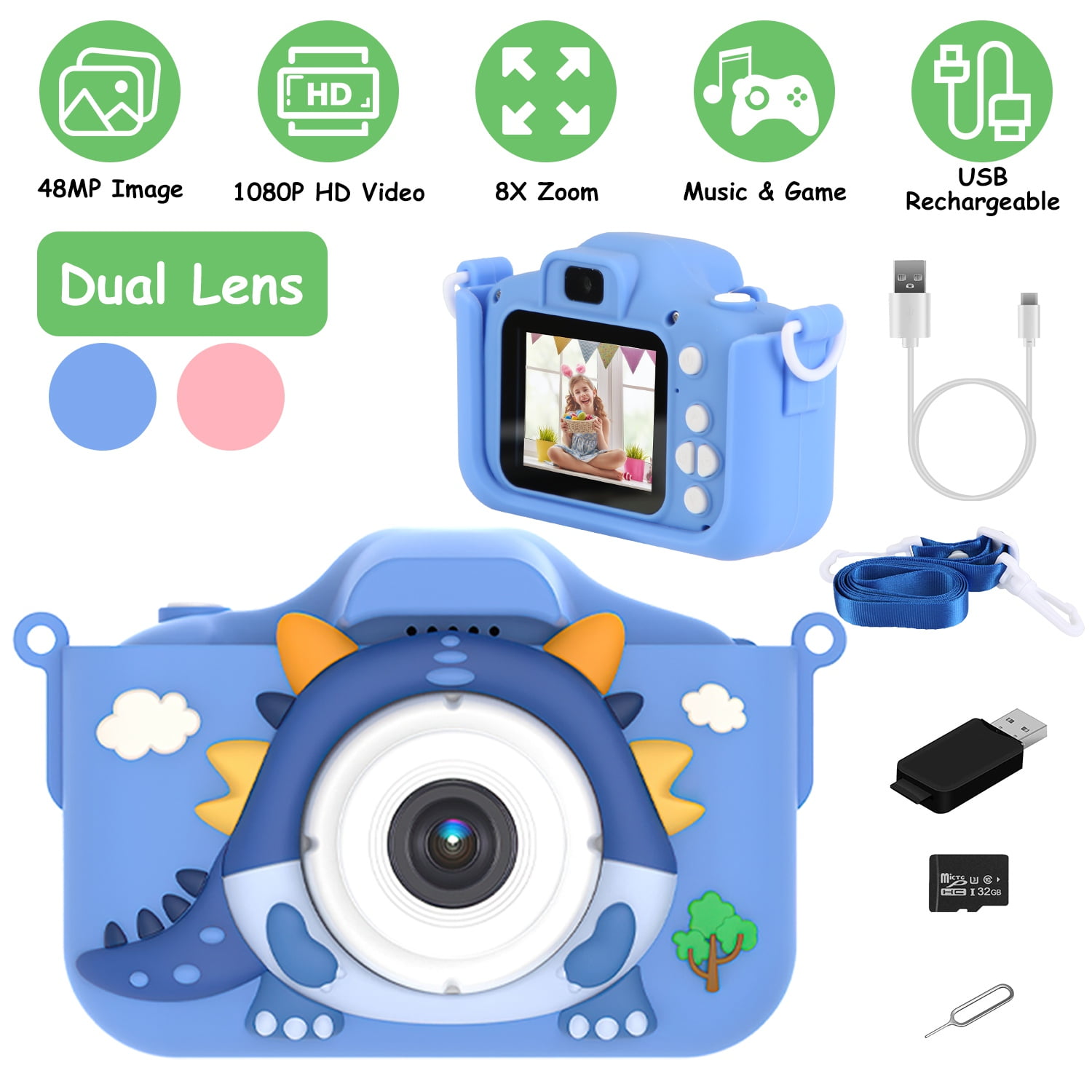 48MP 1080P Dinosaur Kids Cartoon Camera 32G MMC Card HD Digital Camera ...