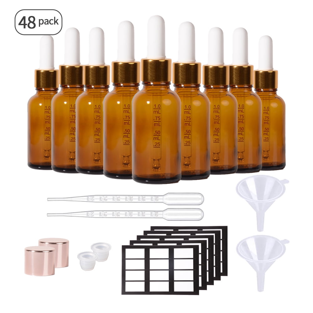 Eye Dropper Bottle 1 oz (48 Pack Amber Glass Bottles 30ml with Golden ...