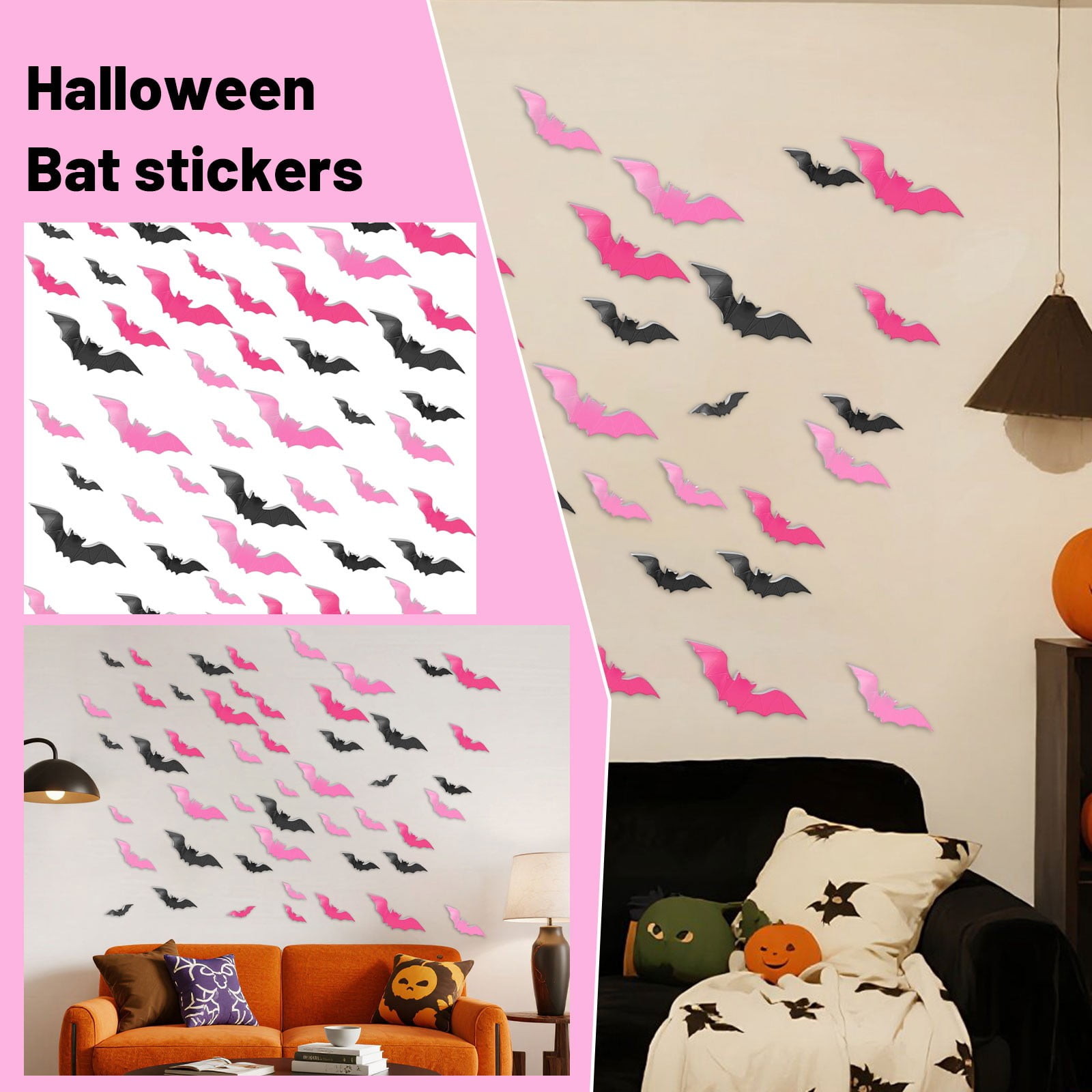 48PCS 3D Halloween Bat Wall Stickers, Pink & Black Bats in Assorted ...