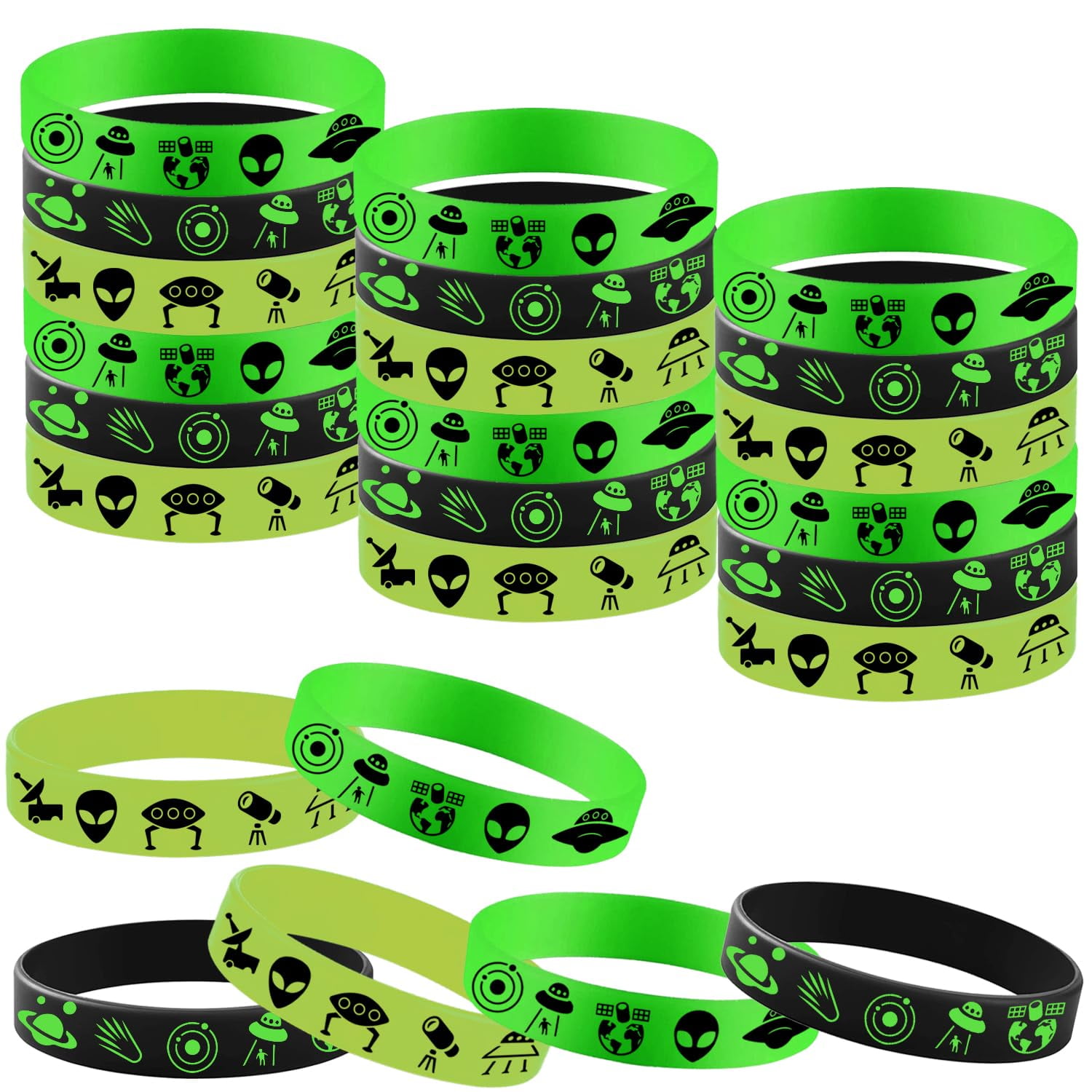 48PCS Green Alien Party CM31 Rubber Bracelets, Outer UFO Space Alien ...