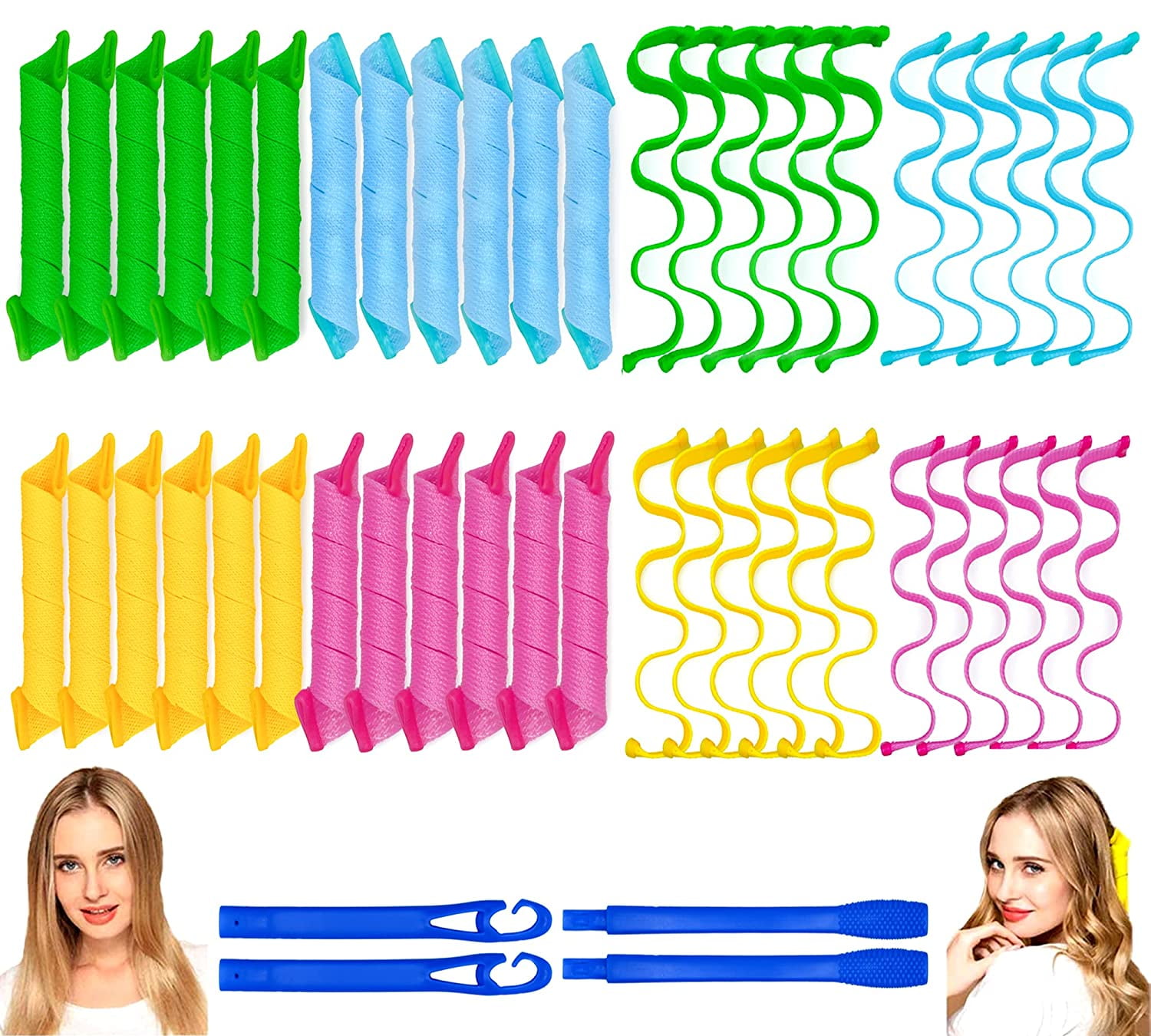 48PCS Hair Curlers Heatless Spiral and Wave Two Styles Formers(12inch ...