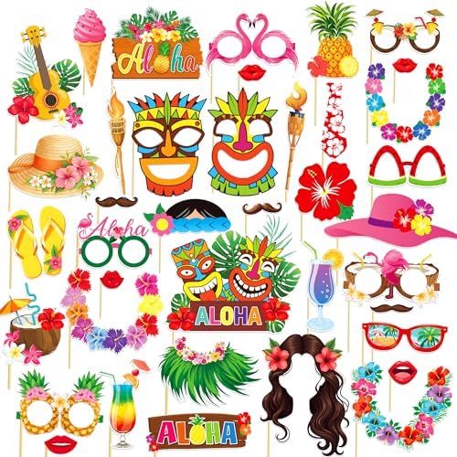48PCS Luau Photo Booth Props Hawaiian Tiki Party Decorations Hawaiian ...