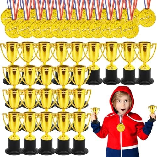48PCS Mini Awards Trophies Cups Medals for Kids,4inch Plastic Golden ...