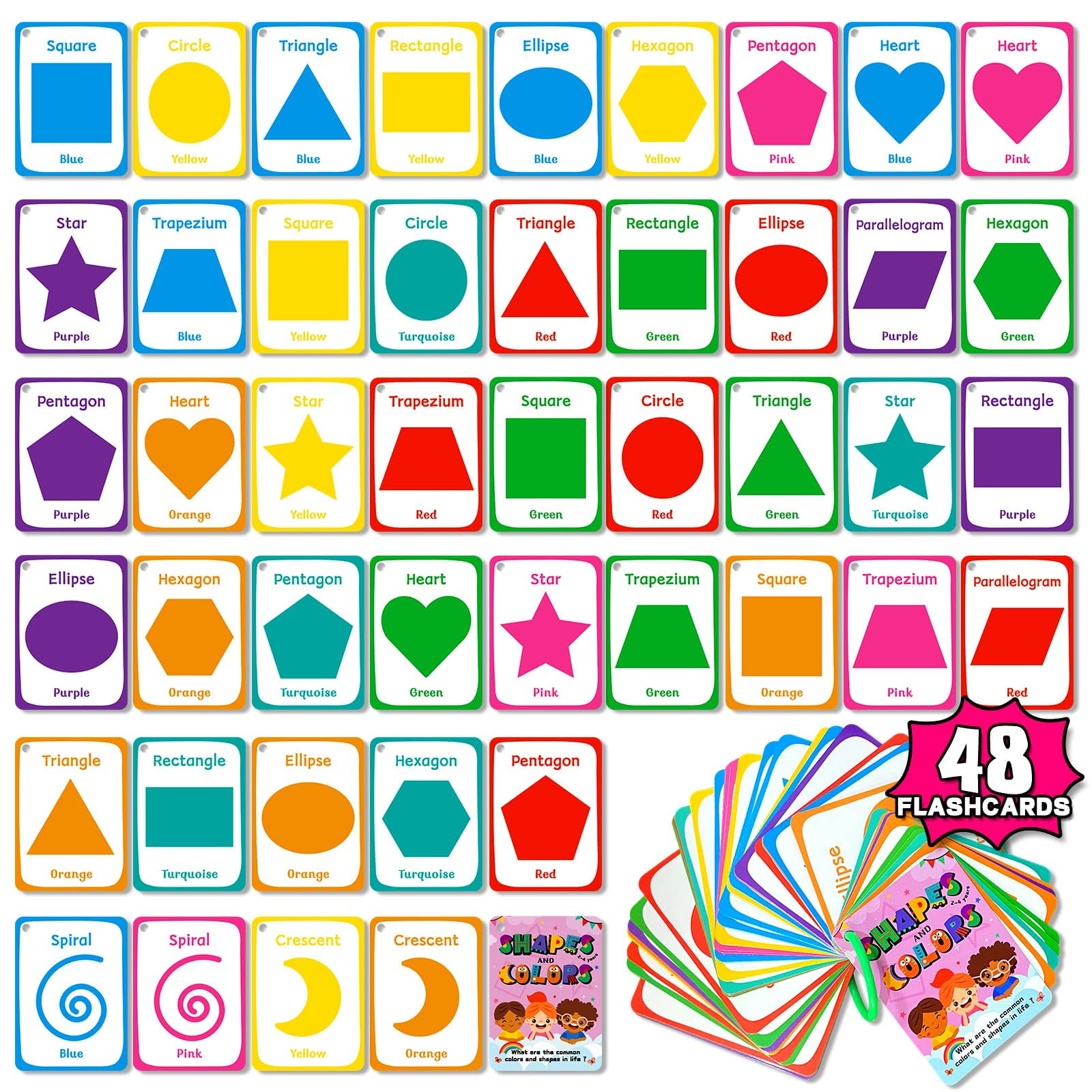 48PCS Shapes and Colors STF9 Cognition Flash Cards for Kids,Reusable ...