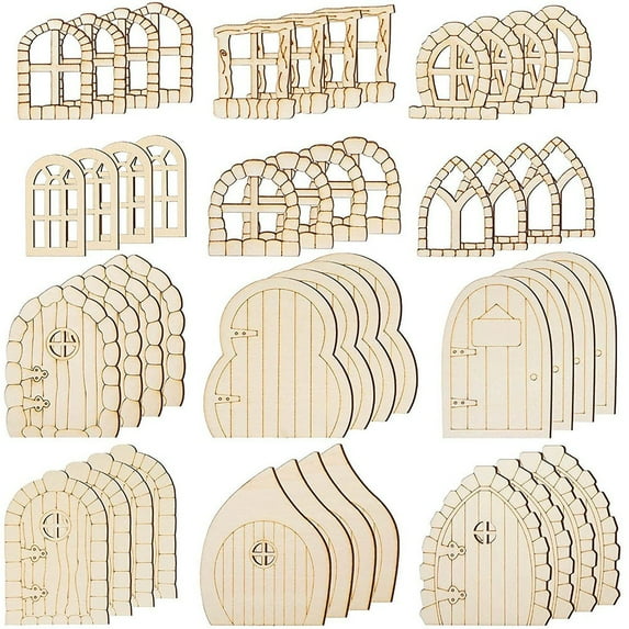 48PCS Wooden Fairy Garden Door DIY Craft Kit Mini Blank Doors Windows Pine Wood Decoration Set ...