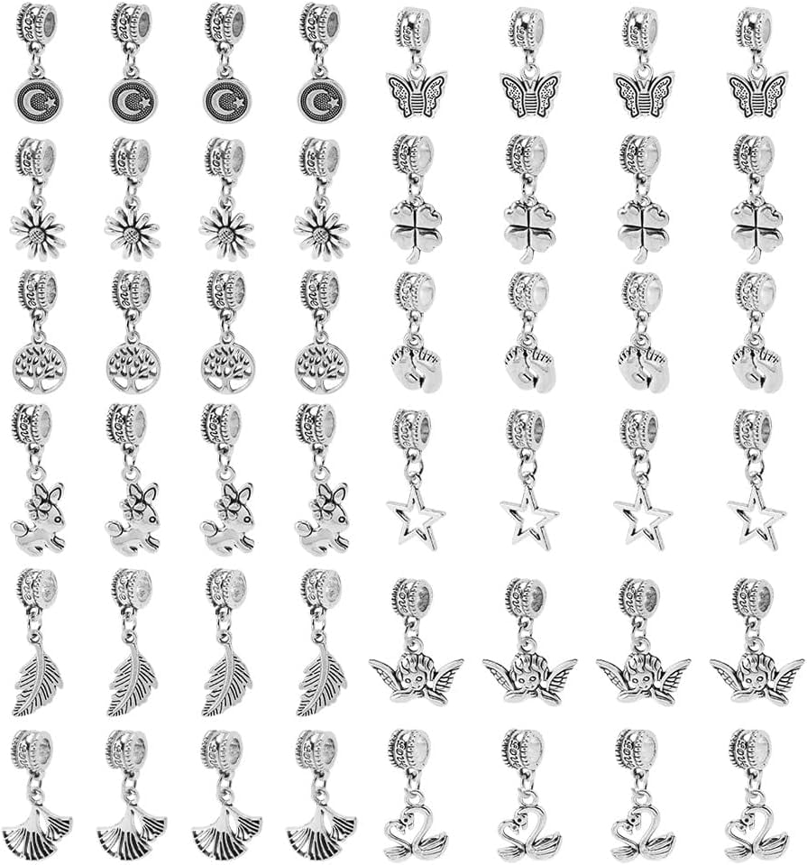 48Pcs 12 Styles Brass European Dangle Charms Silver Pendants Tibetan ...