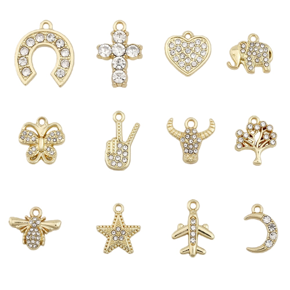 48Pcs 12 Styles Rack Plating Alloy Pendants with Rhinestone Bee Heart ...