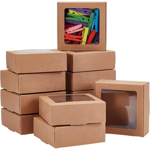 48Pcs 3.7x3.7x1.4inch Square Brown Kraft Paper Boxes with Clear Windows ...