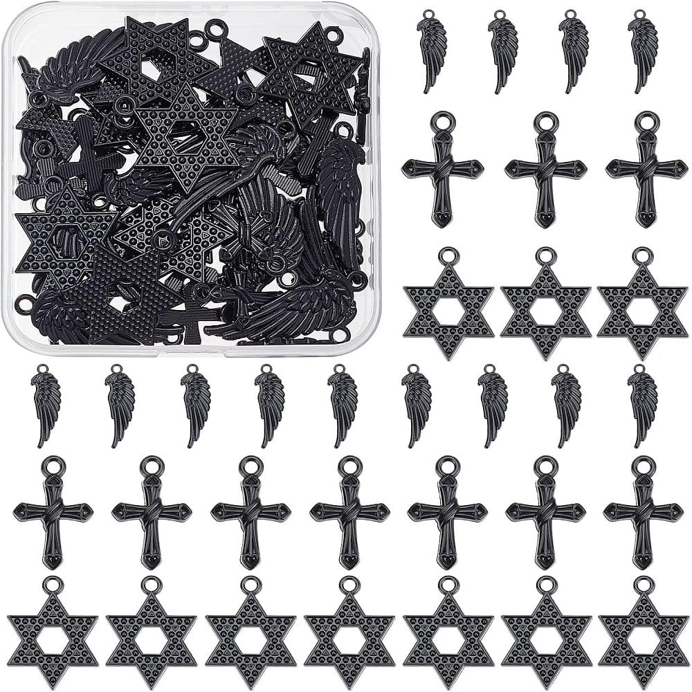 48Pcs 3 Styles Alloy Pendants Religious Charms Pendants Star Wing Black ...