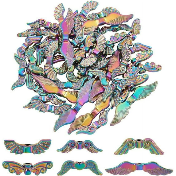 48Pcs 6 Styles Angle Wing Beads Fairy Wing Charm Beads Wing with Heart ...