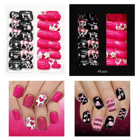 48Pcs ABS Rose Red Love Glitters Presses On Nails with Multiple Sizes ...